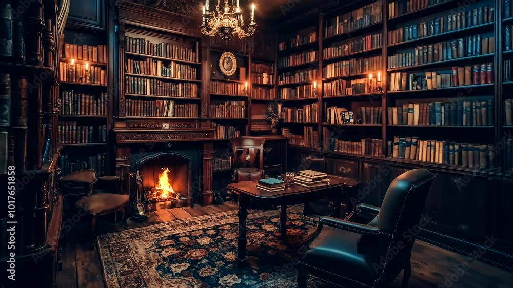 Classic dark library with wooden shelves, chandelier, and a glowing ...