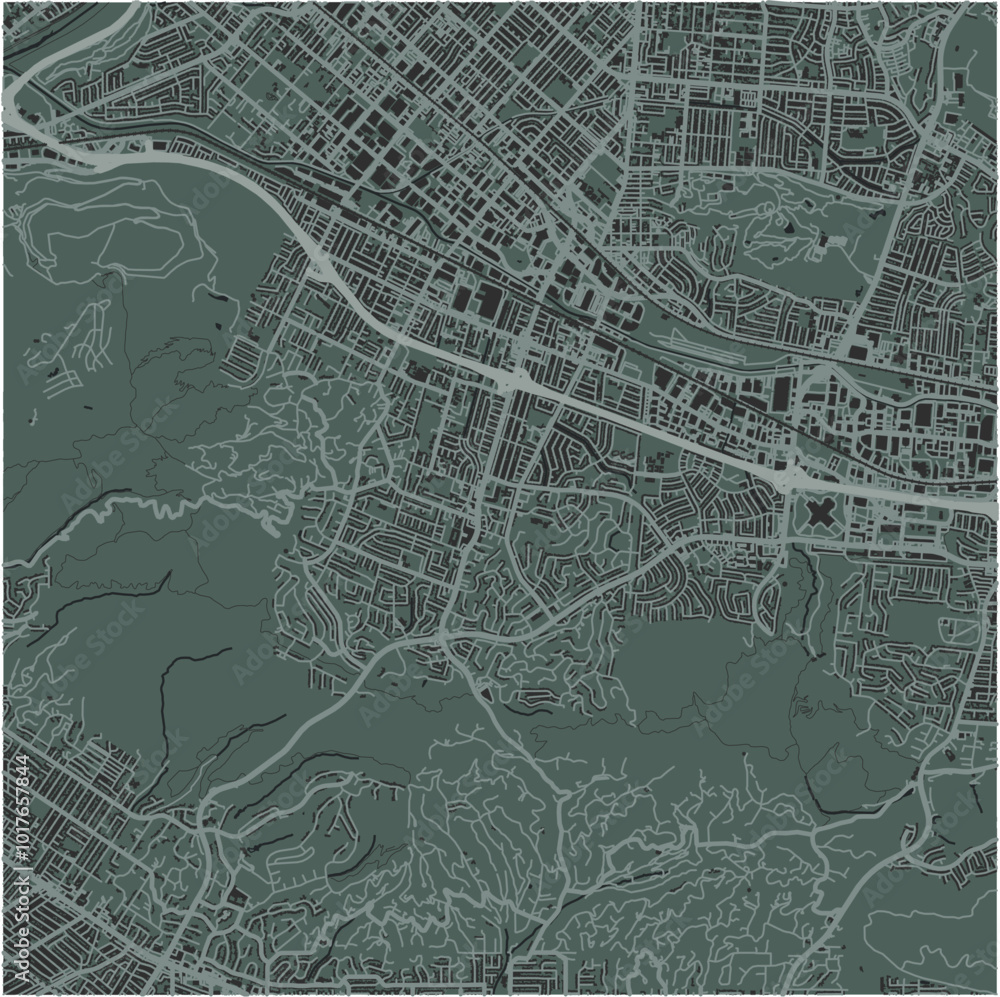 Map of Hacienda Heights in California in a smooth dark style. Contains ...