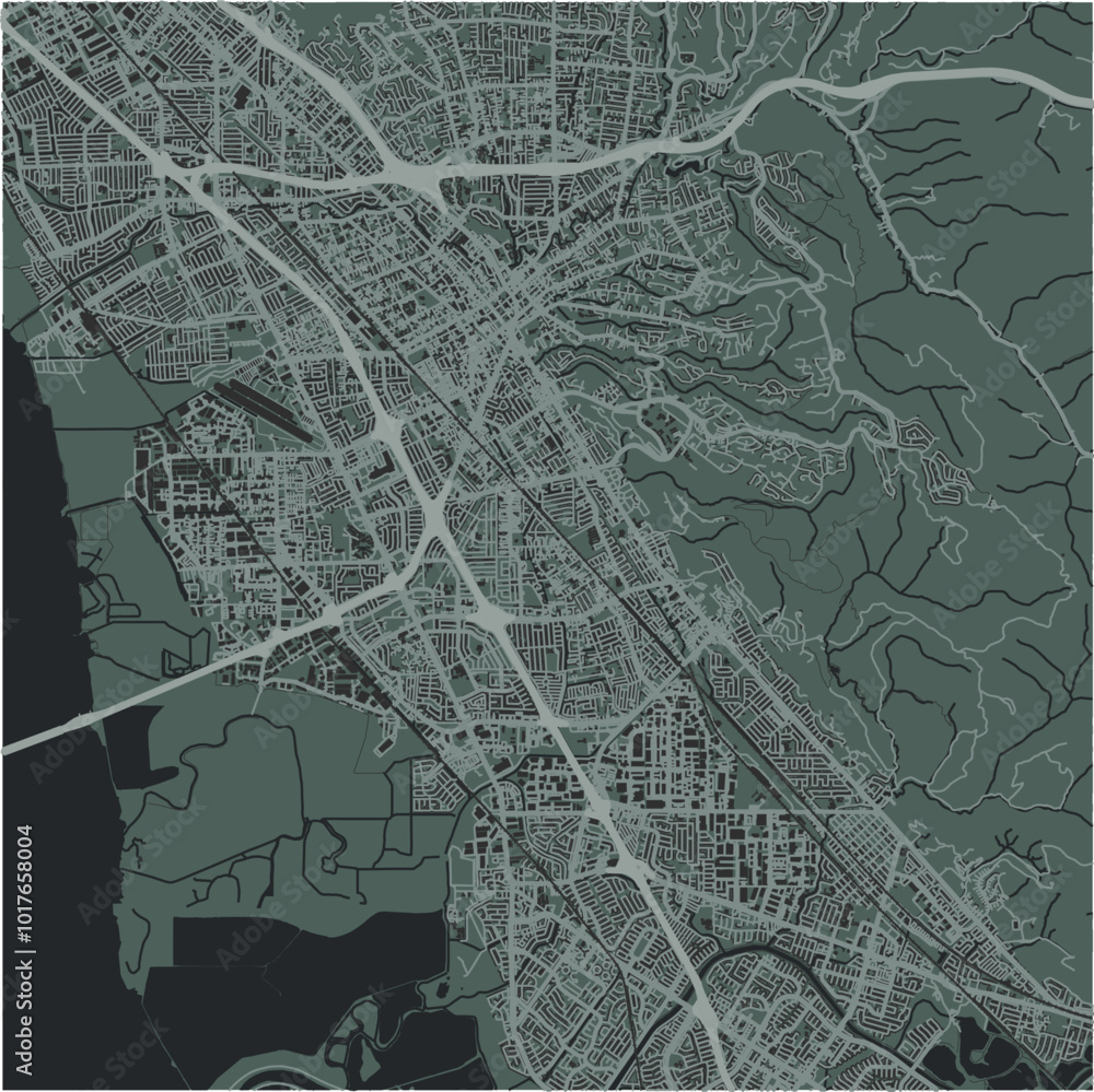 Map of Hayward in California in a smooth dark style. Contains layered ...