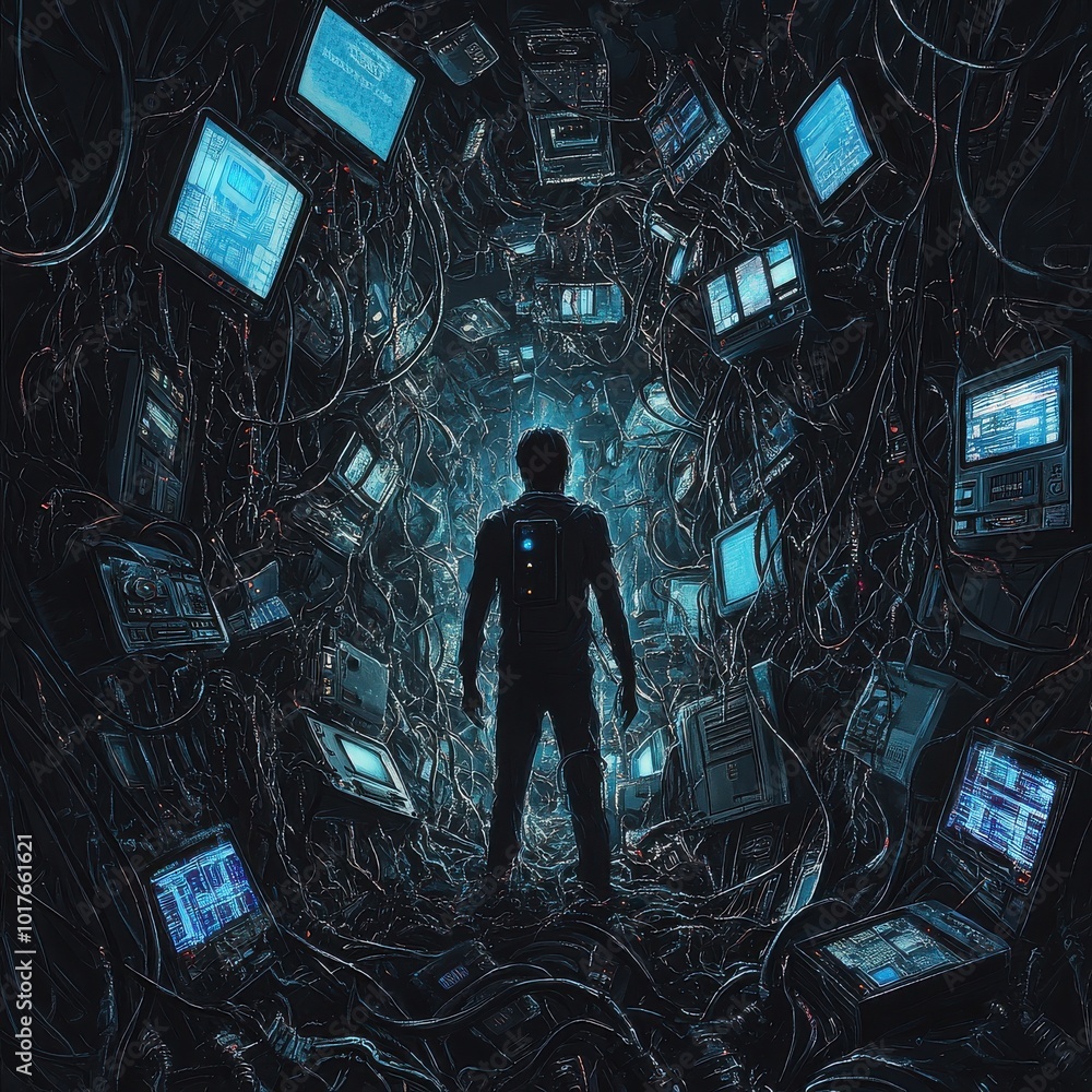 The Digital Labyrinth: A lone figure stands amidst a swirling vortex of ...