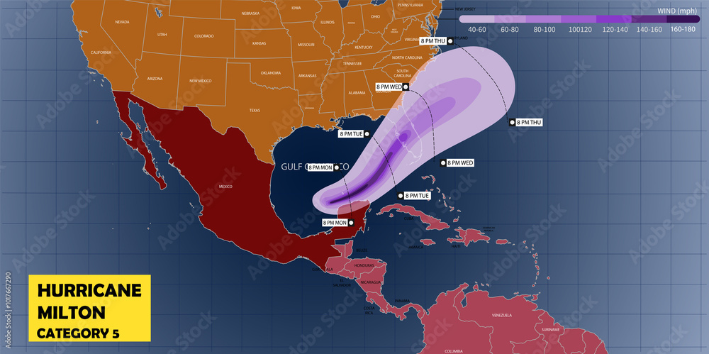 Category 5 Hurricane Milton expected wind path way and speed statistic ...