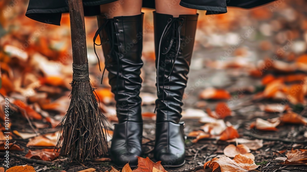Legs of a witch in black tights and boots holding a broom in a fog ...