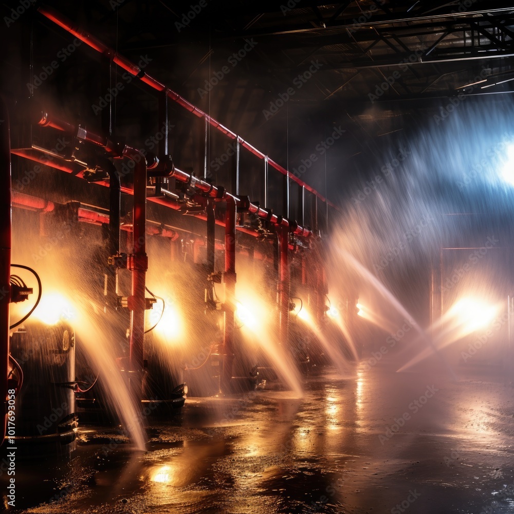 Image of Fire Sprinklers Spraying with fire background. Fire sprinklers ...