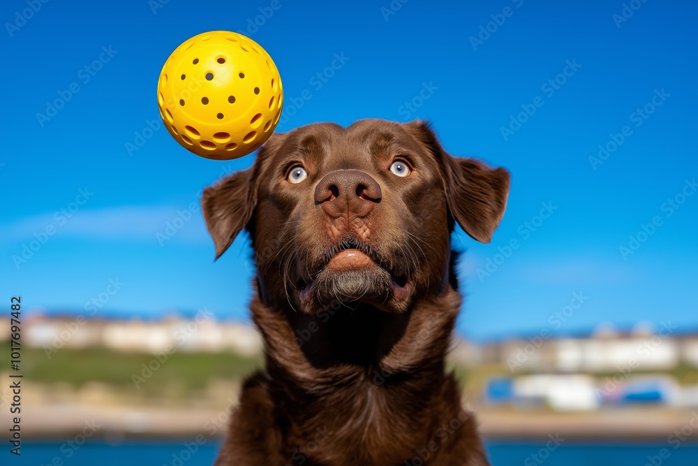 Dog is jumping in the air to catch a yellow ball. The dog is wearing a ...