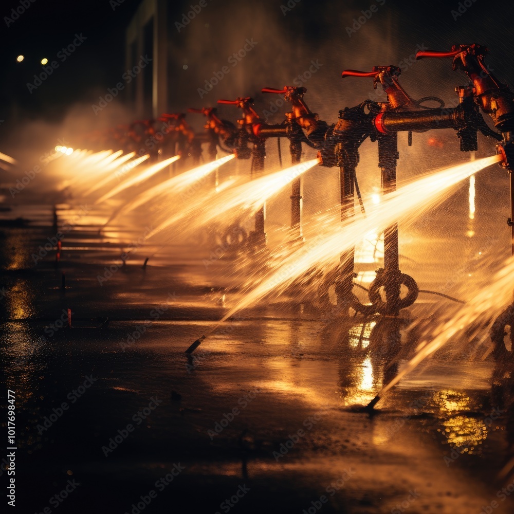 Image of Fire Sprinklers Spraying with fire background. Fire sprinklers ...