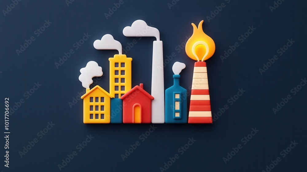 Glowing industrial icons for factories, highlighting the production of ...