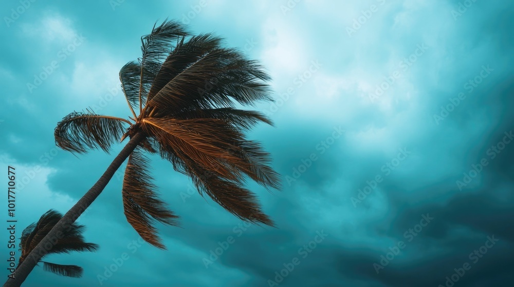 Dramatic scene of powerful gale force winds bending and swaying palm ...