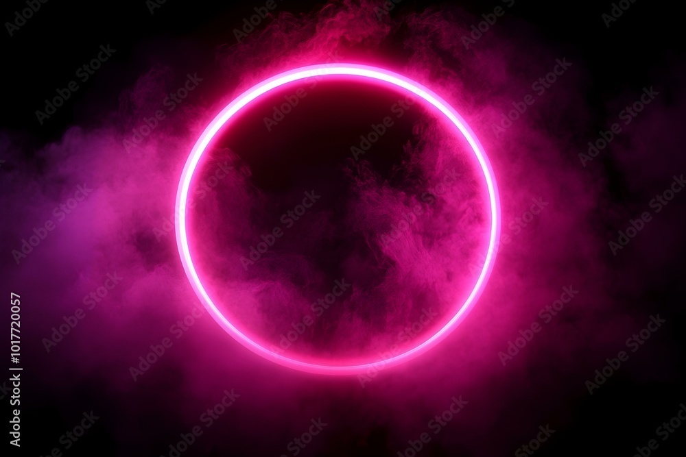 Ring neon frame with smoke. Light round 3D laser pink portal. Led ...