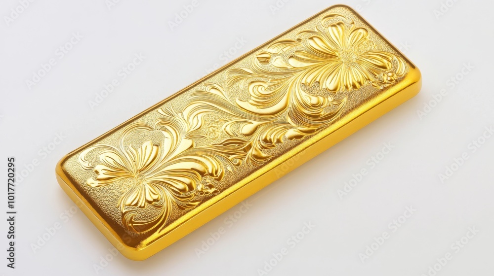 Shiny gold bar with a smooth, reflective surface and intricate etchings, displayed on a white ...