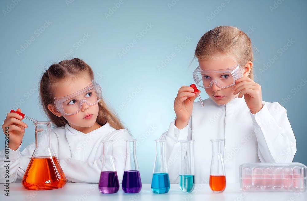 Two young girls conducting experiments with colorful liquids in a ...