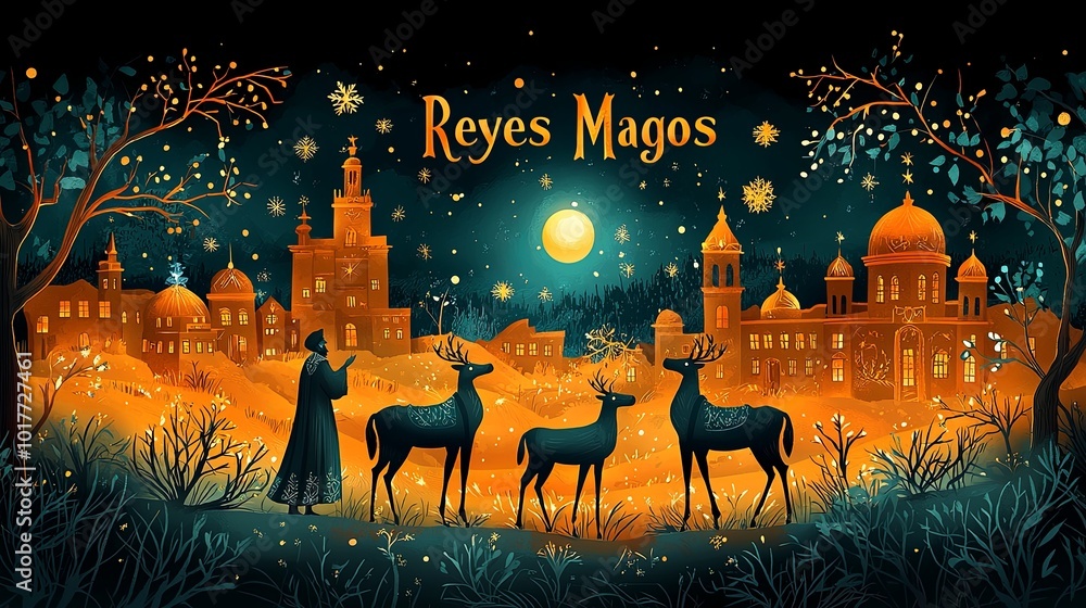 Scenic artwork of Three Kings, known as Reyes Magos, journeying through ...