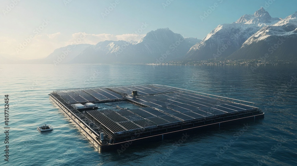 A massive floating solar farm on the ocean, generating clean energy ...
