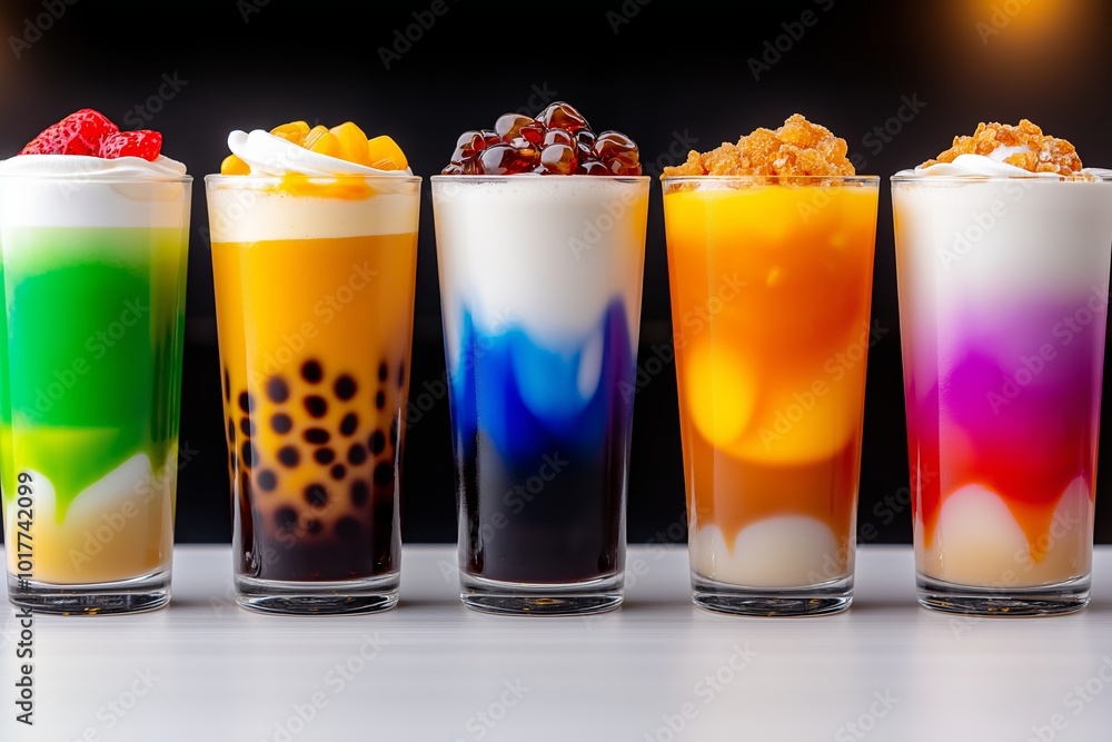Five colorful drinks with fruit on top. variety of boba tea glasses ...
