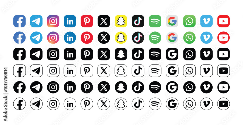 Icon set of popular social applications with rounded corners. Social ...