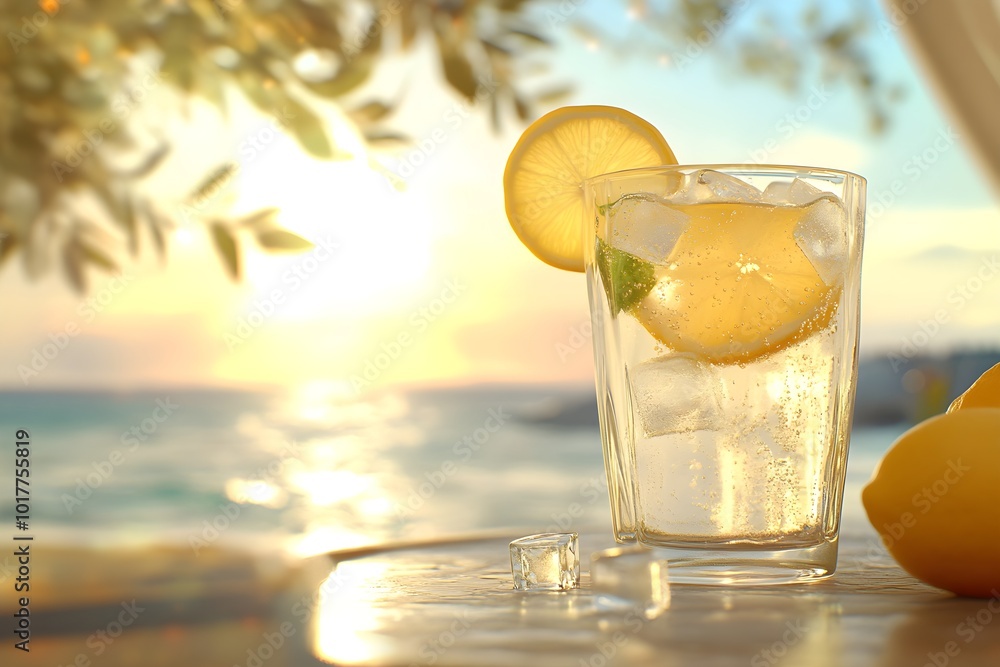 Zoomed-in view of a fizzy lemon soda glass on a terrace table, ice ...