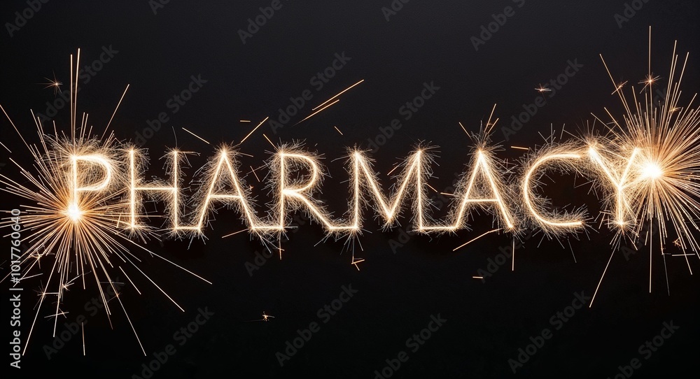 Pharmacy lettering sparkler sparks on plain black background Stock ...