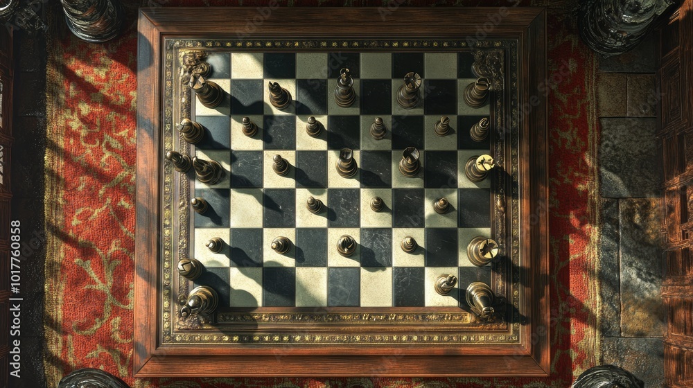 Overhead view of a chess game in progress, with pieces strategically ...