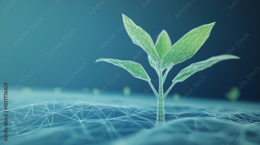 A simple 3D design shows a plant growing from a seed. The blue ...