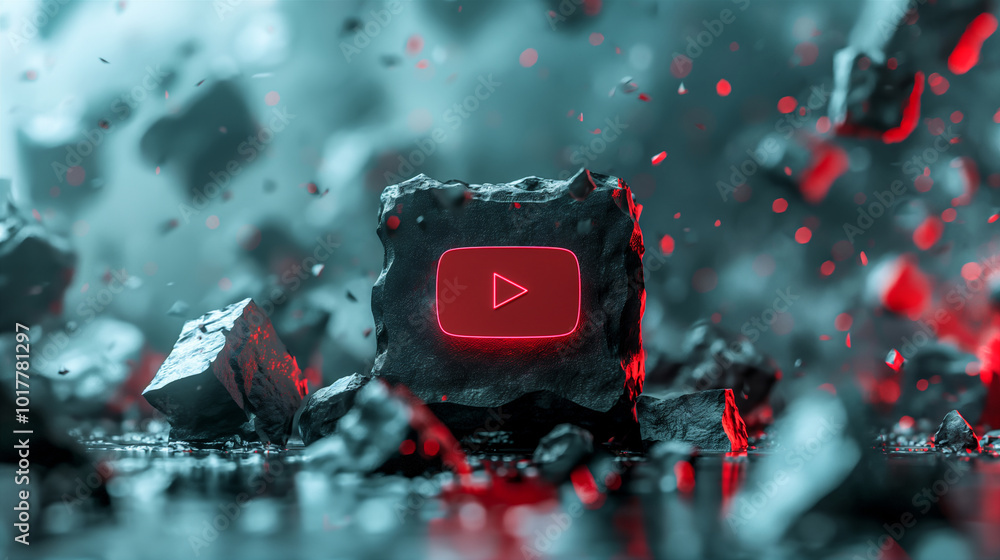 YouTube logo in dynamic, abstract landscape with floating red and black ...