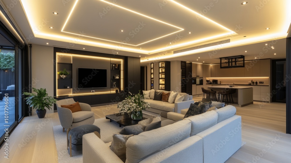 Hidden LED strip lighting in a recessed ceiling design, creating an ...