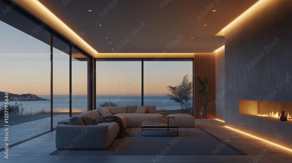 Modern home interior with recessed ceiling lighting, showcasing hidden ...