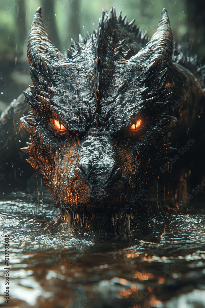 black dragon's head low in the rainforest, eyes glowing fiercely as ...