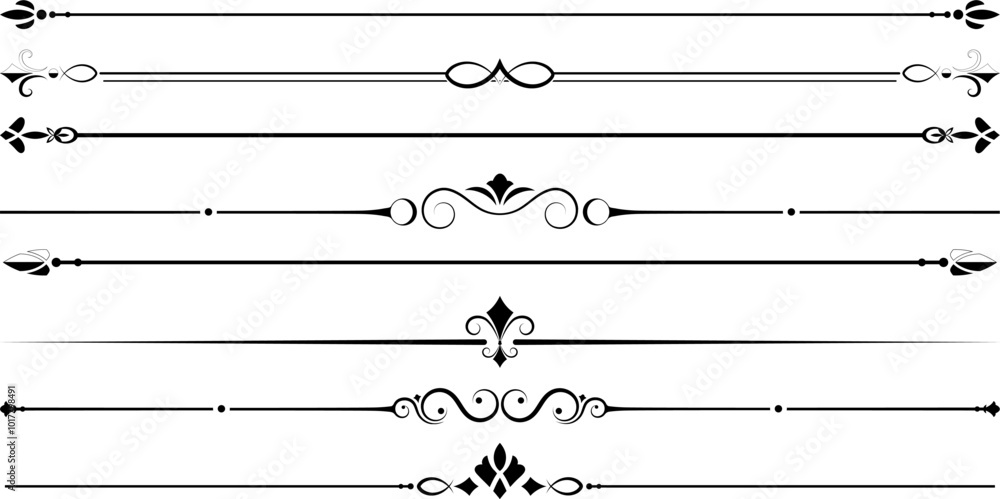 "Set of Elegant Ornamental Divider Lines, Flourish Calligraphic Design ...