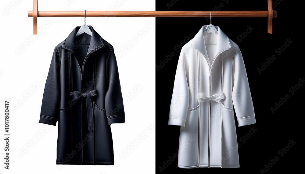 Two garments hanging on a clothes rack, one white and one black, placed ...