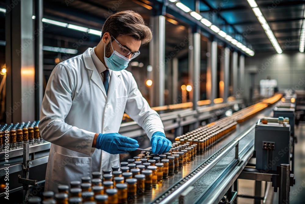 Production of medicines. A pharmacist checks medical vials on an ...