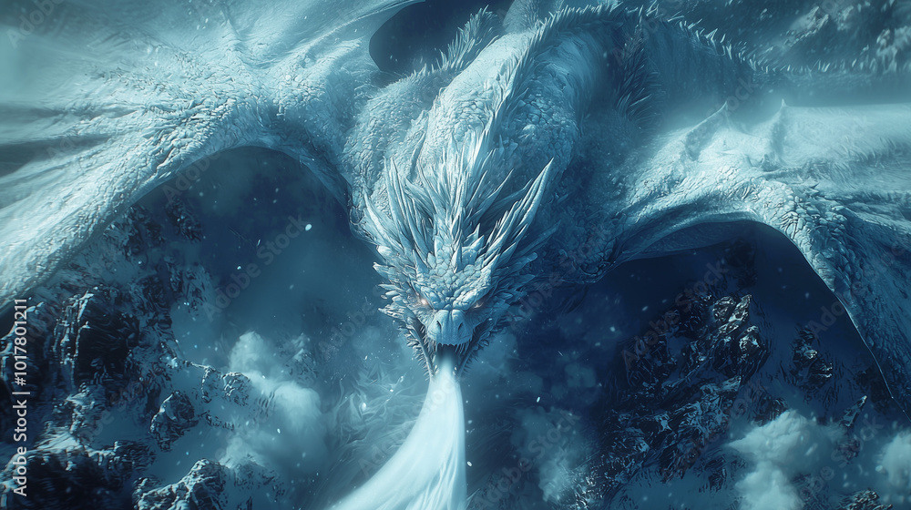 white dragon exhaling a frost breath, soaring over frozen mountains ...