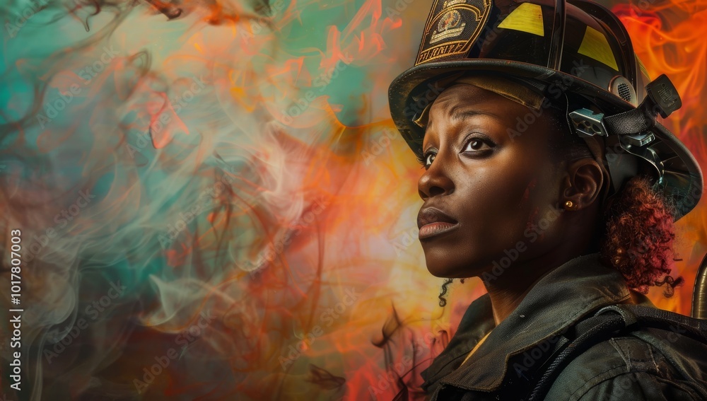 Black woman firefighter, her uniform detailed with the colors of fire ...
