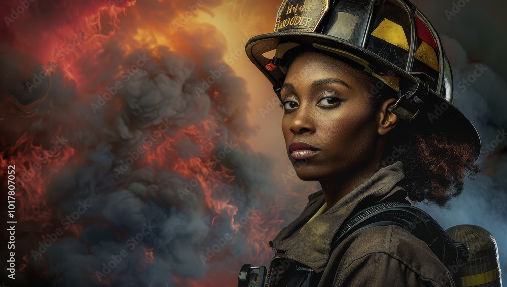 Black woman firefighter, her uniform detailed with the colors of fire ...