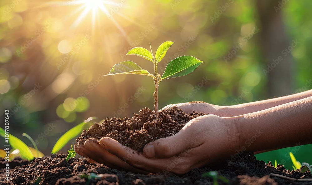 Image of two hands holding up seedlings and piles of soil ready for ...