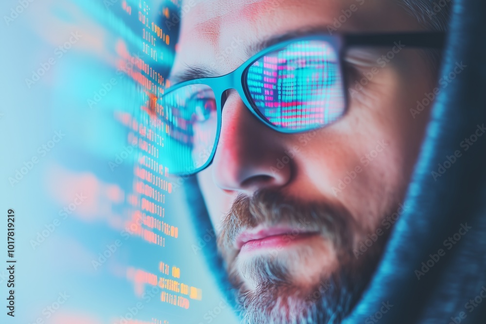 mid aged male data scientist, glasses, beard, in a hoodie, analyzing ...