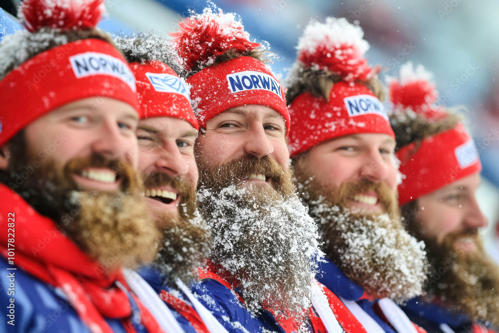 Frosty Norwegian Fans Cheering in Winter. A group of male fans with ...