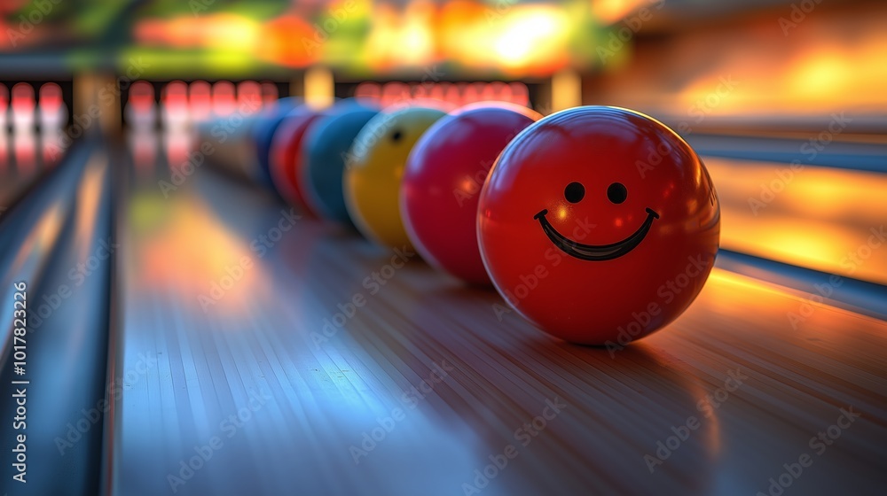 Row of bowling balls with a smiling ball in the middle. ball is red ...