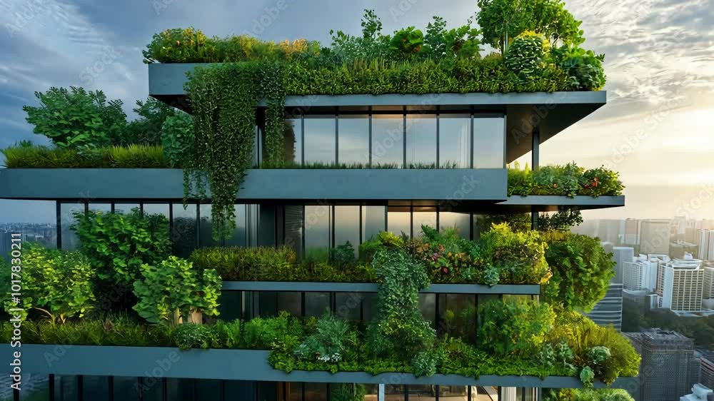 A modern building is covered in lush greenery, creating a vertical ...