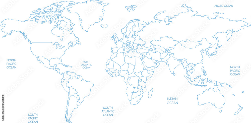 Photo & Art Print Outline World Map with Oceans Vector Illustration ...