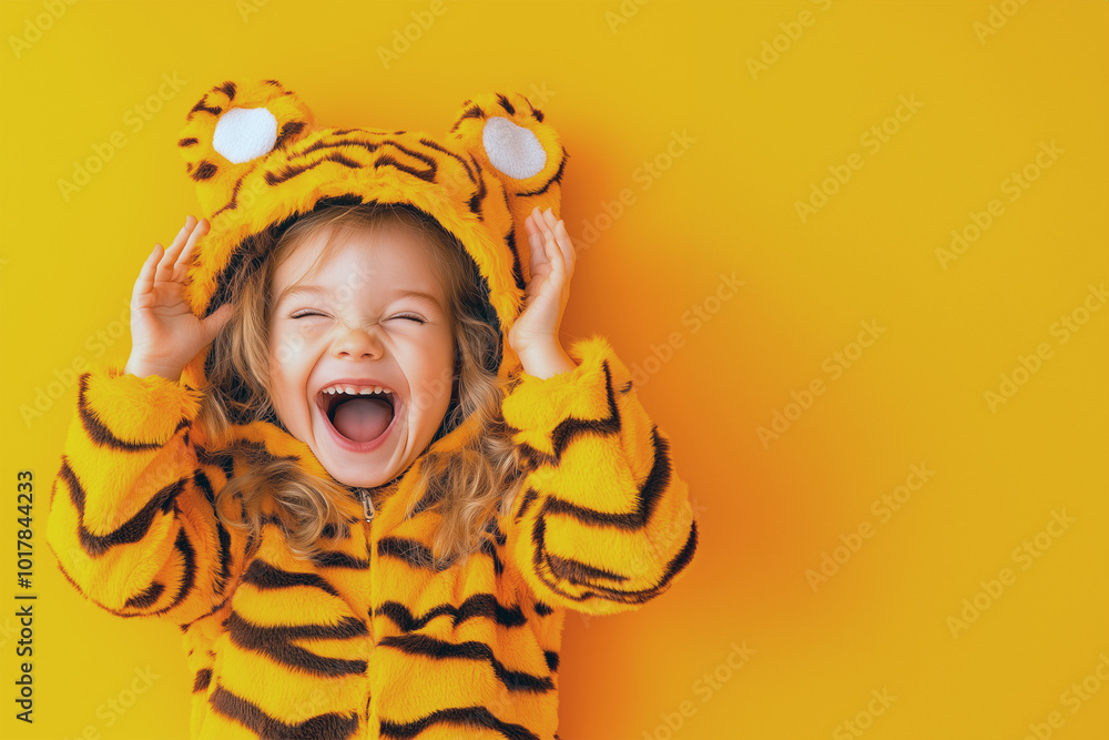 child dressed in an adorable tiger costume for Halloween, playfully ...