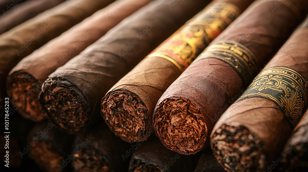 variety of cigars in a luxurious cigar lounge, detailed textures of the ...
