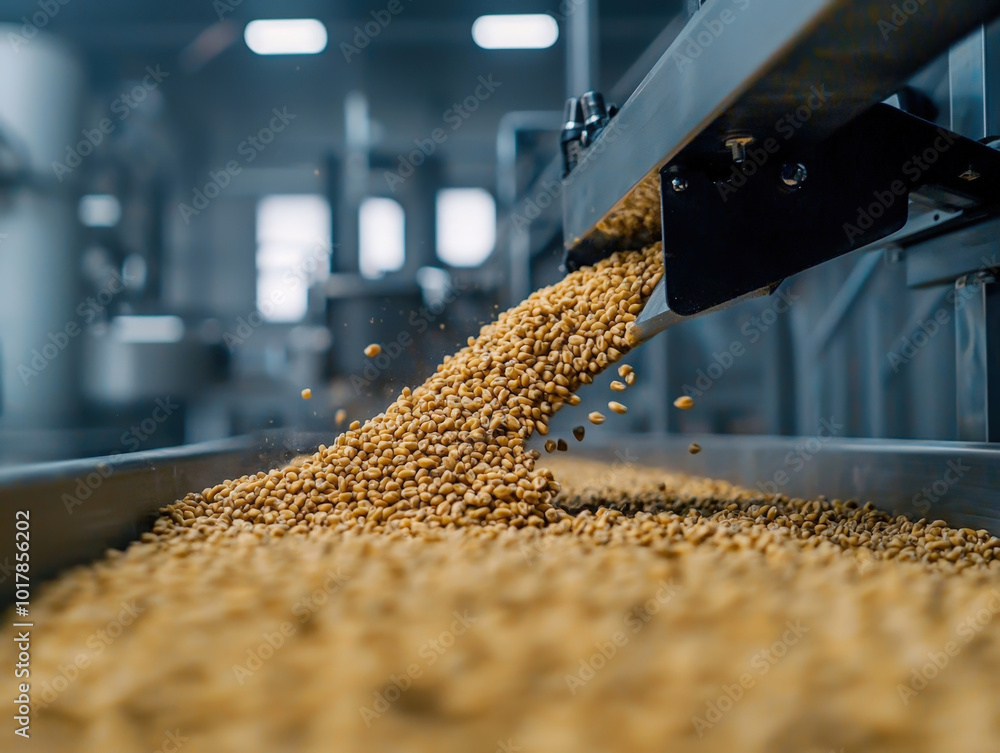 Industrial machines processing grains in food production facility ...
