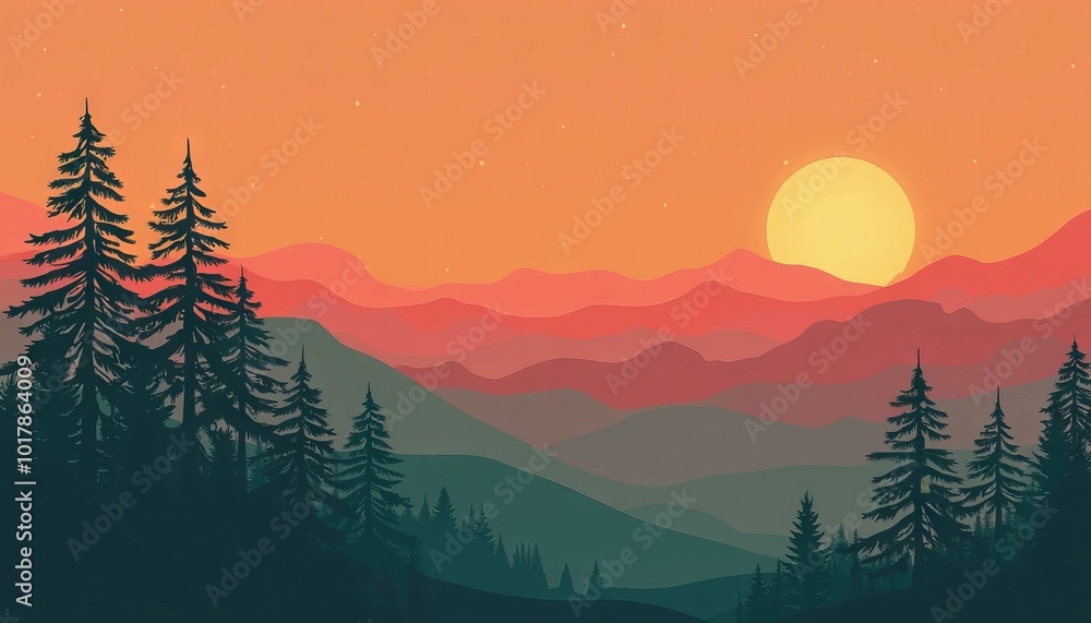 Soft Sunrise Lighting on Mountain Peaks: 2D Flat Vector Landscape ...