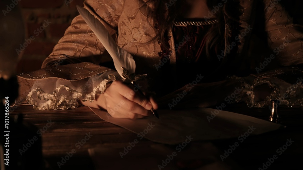 Antique young woman in renaissance dress sitting writing letter with ...