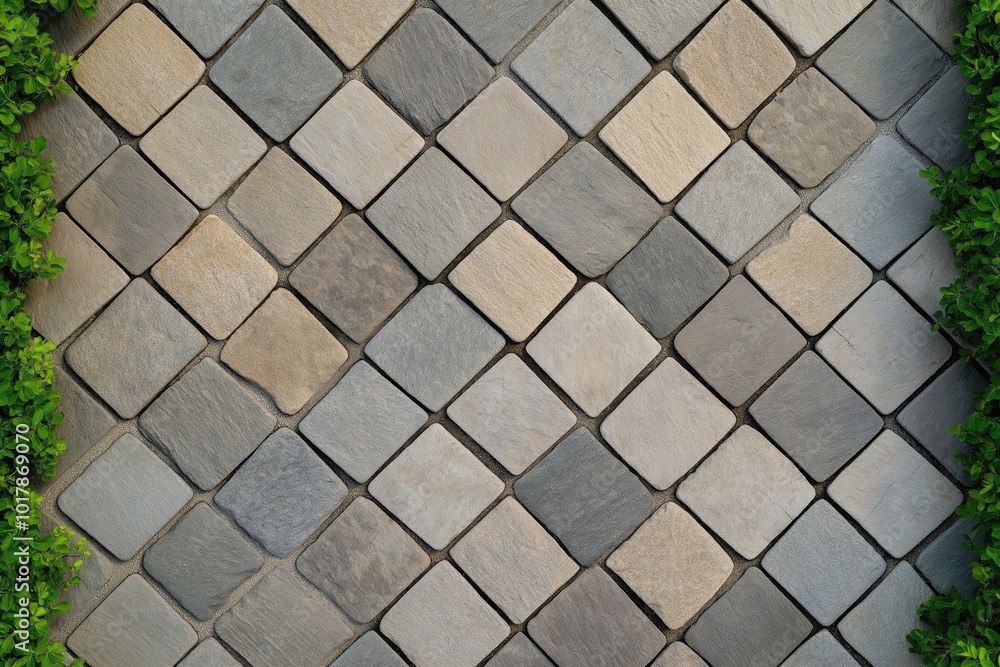 Geometric pattern of square stone pavers arranged diagonally with green ...