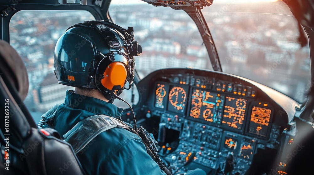 This image shows a pilot navigating a helicopter cockpit, displaying ...