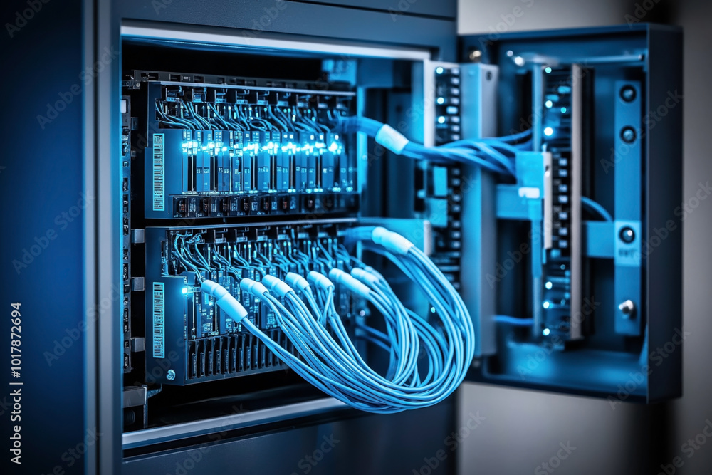Close-up of a server rack with multiple connected cables and illuminated lights in a data center ...