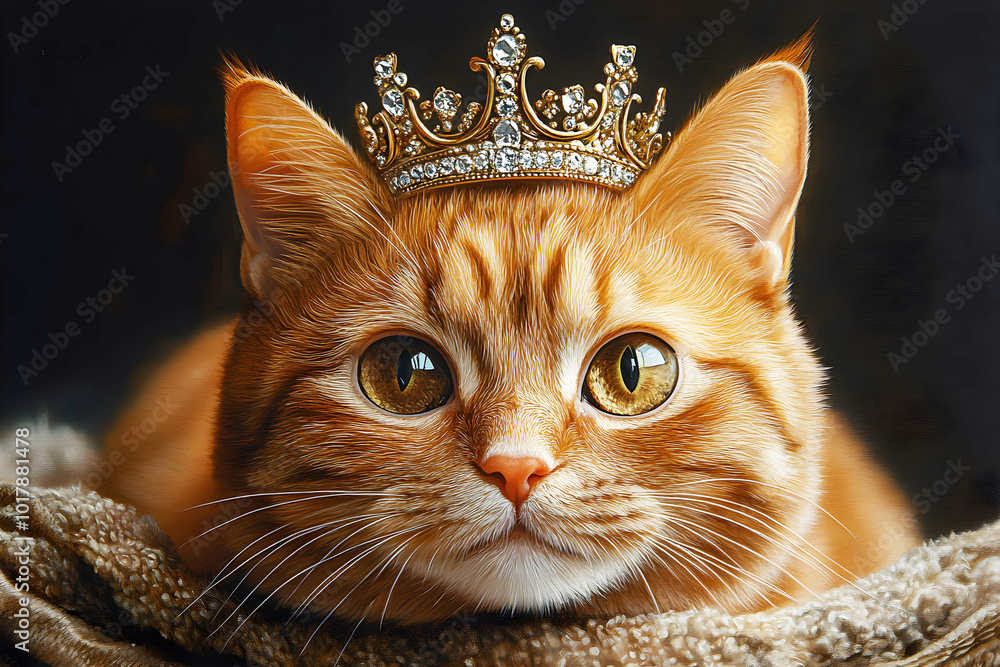 A ginger cat with piercing green eyes, adorned with a sparkling golden ...