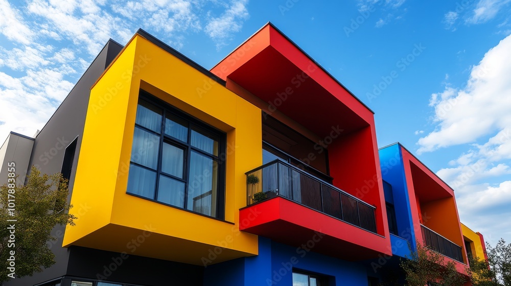 The modern building features a facade with bold geometric color blocks ...