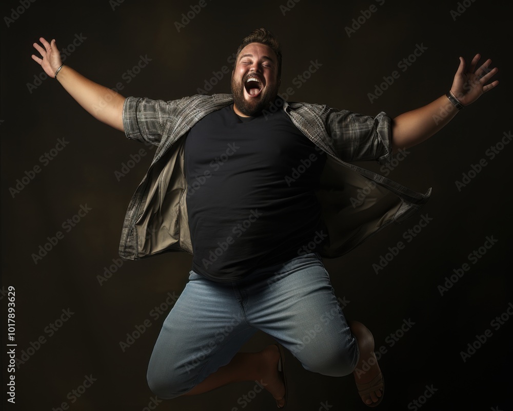 Plus size man is very happy and jumps expressing emotions Stock Photo ...