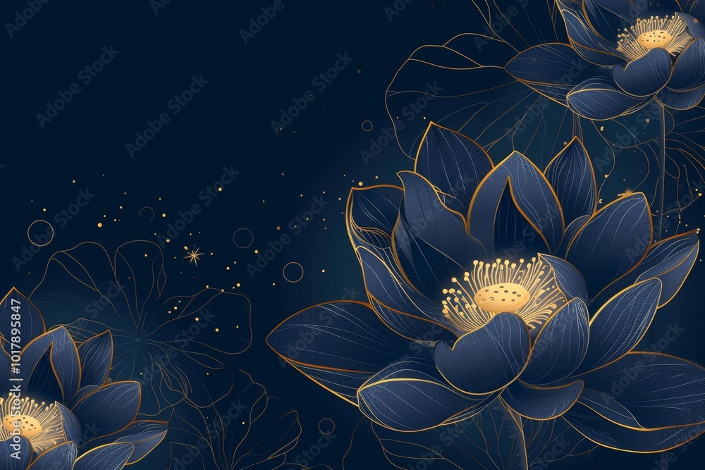 Luxury lotus background design with golden line and dark blue color ...